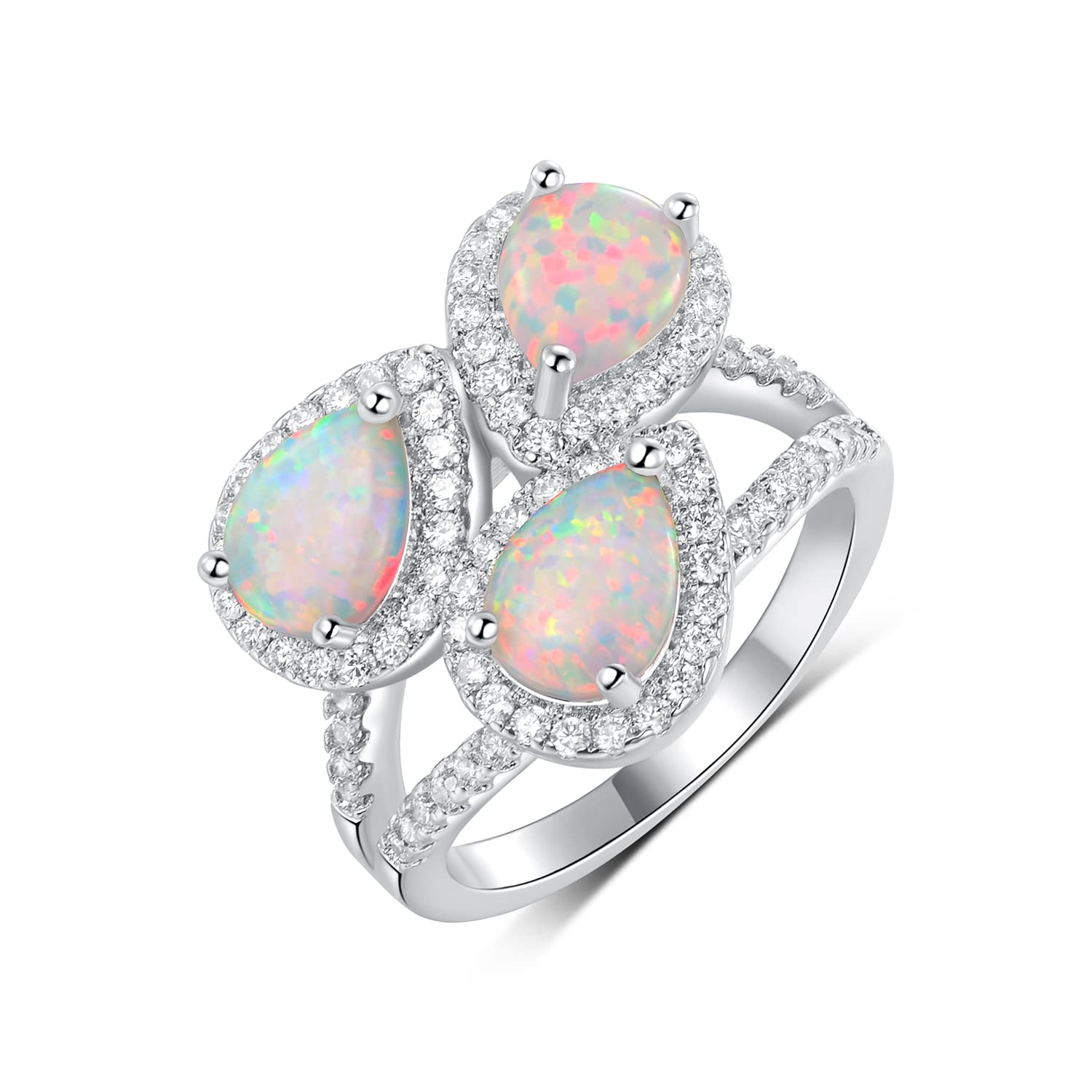 Gemsme Opal Cocktail Ring, 18K White Gold Plated Pear Fire Opal Statement Ring Halo Teardrop Birthstone Ring for Women (6)