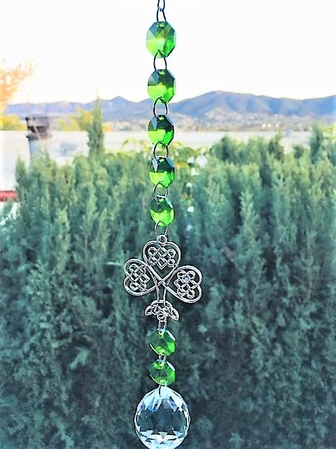 Mystic Celt Treasures- IRISH SHAMROCK SUNCATCHER -12" Irish Suncatcher, USA Handmade, Gift Wrapped, Irish, Shamrock, Ireland, Hearts, Emerald, Clover, Gift