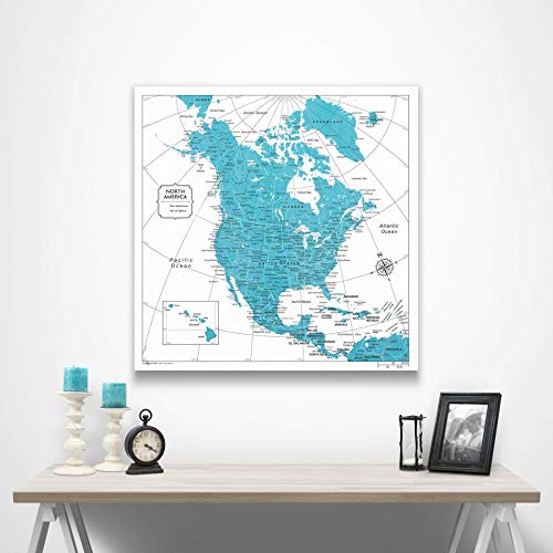 Push Pin North America Map Board - With Push Pins to Mark North America Travel - Handmade in Ohio, USA - Design: Teal Color Splash