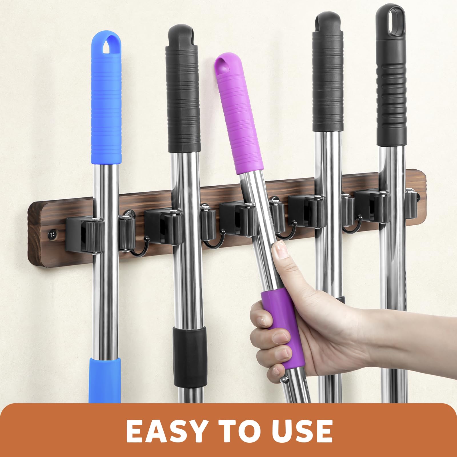 IMILLET Broom Holder Wall Mount, Wood Broom Holder with 5 Racks and 4 Hooks Broom Organizer, Laundry Room Organization and Storage, Mop Holder for Home Organization, Garden, Garage(2 Pack)
