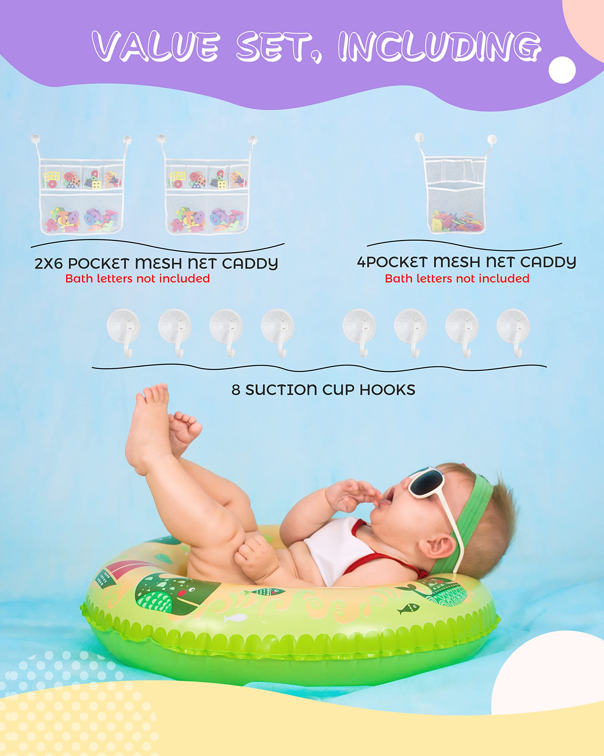 MoHern Bath Toy Storage for Bath Toys, 3PCS Bath Toy Holder with 6 Ultra Strong Hooks and 36 Bath Letters & Numbers, Multi-use Mesh Bath Toy Organizer Making Bathtub Toy Storage Easy…