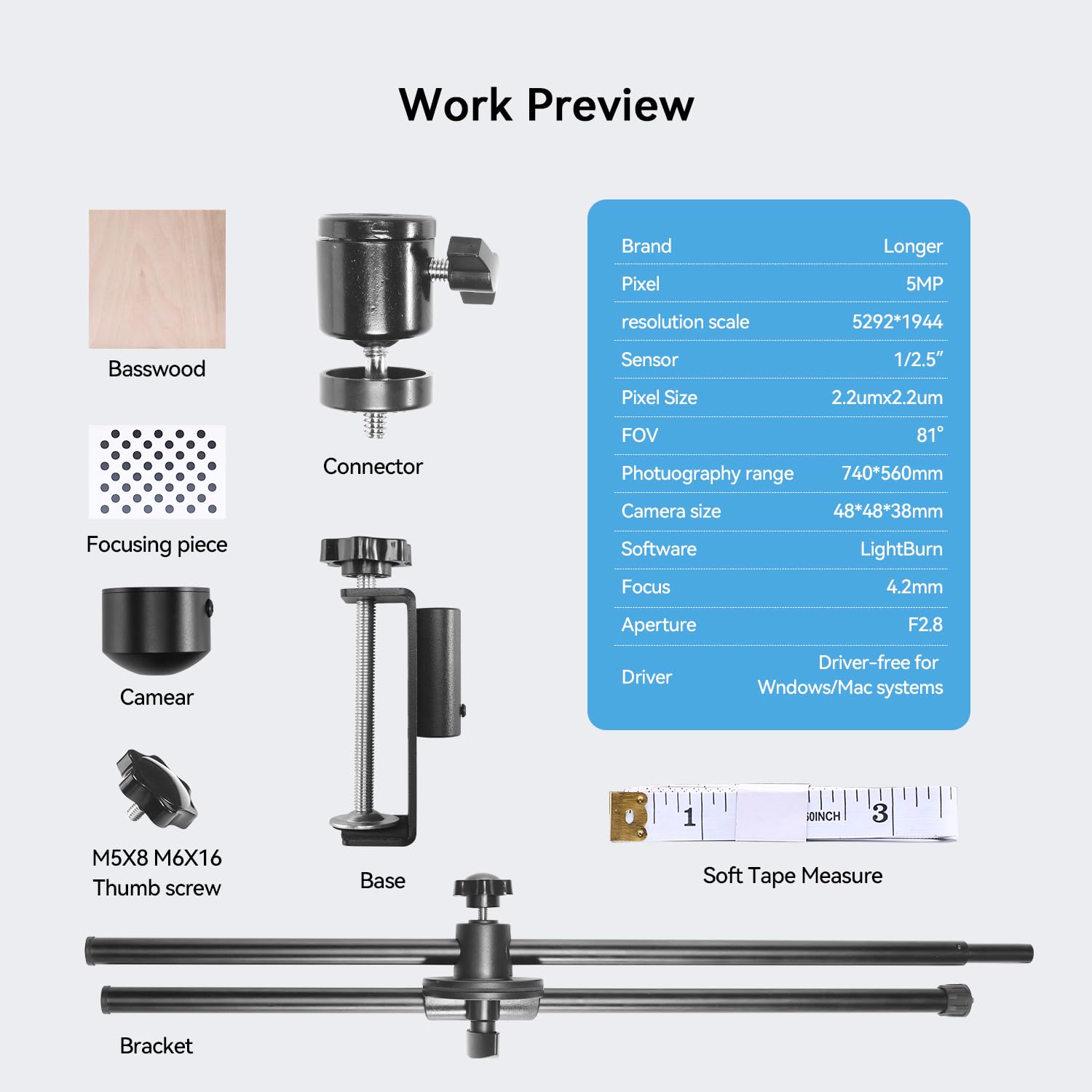 Longer New LightBurn Camera Kit for Laser Engravers โ 5MP HD Precision Auto Positioning, Supports Video Recording, Multi-Task Engraving, and Job Preview, Covers a Large Area of 740x560mm