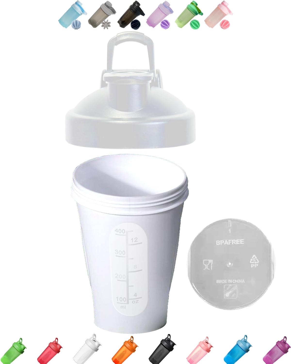 Protein Shaker Bottle w. Classic Loop Top & Stainless Whisk Ball-Protein Shaker Bottle Leak Proof Class Portable Gym Shaker Water Bottle w. Measurement Line BPA Free Plastic Sports Mixer-(16 oz,White)