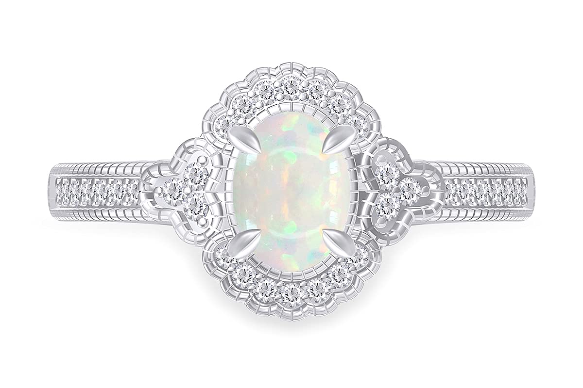 Gemvio Collection 3/4 CT 7X5MM Oval Cut Natural White Opal Gemstone With Diamond Frame Vintage-Style Ring In 14K Solid White Gold Engagement Wedding Ring (0.75Cttw)-8