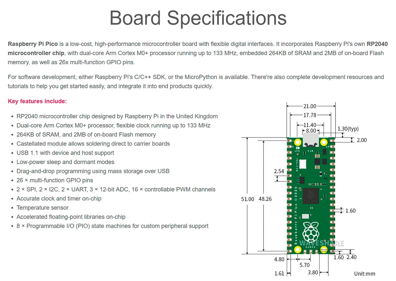 waveshare with Yellow Pre-Soldered Header Raspberry Pi Pico Microcontroller Board, RP2040 Chip,Dual-Core ARM Cortex M0+ Processor, Flexible Clock Running up to 133 MHz Support C/C++,MicroPython