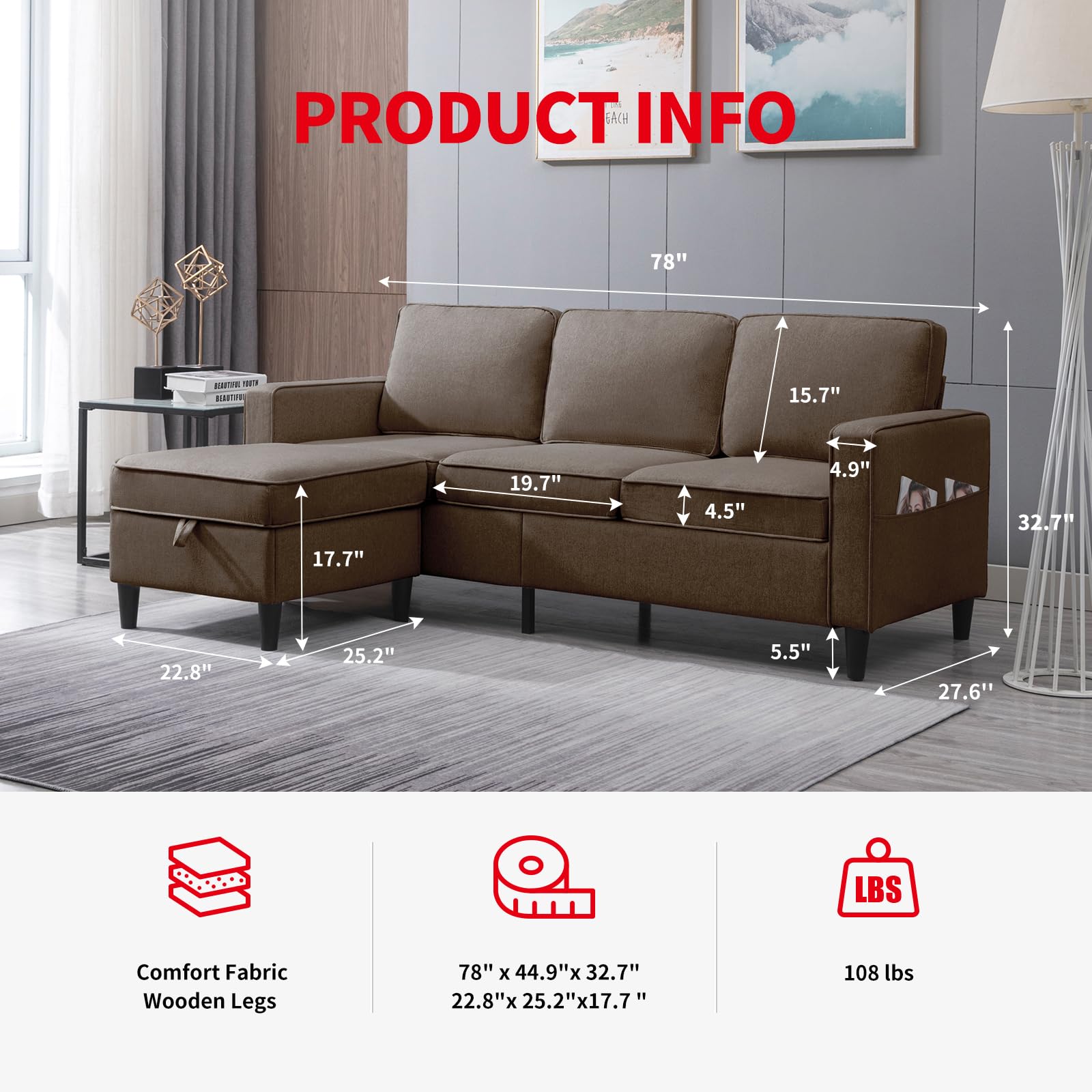 PUREMIND 78 Inches Convertible Sectional Sofa, Linen L-Shaped Sofa Couch with Reversible Storage Ottoman, Wooden Legs, 3-Seat Sectional Couches for Living Room, Small Space, Apartment (Coffee)…