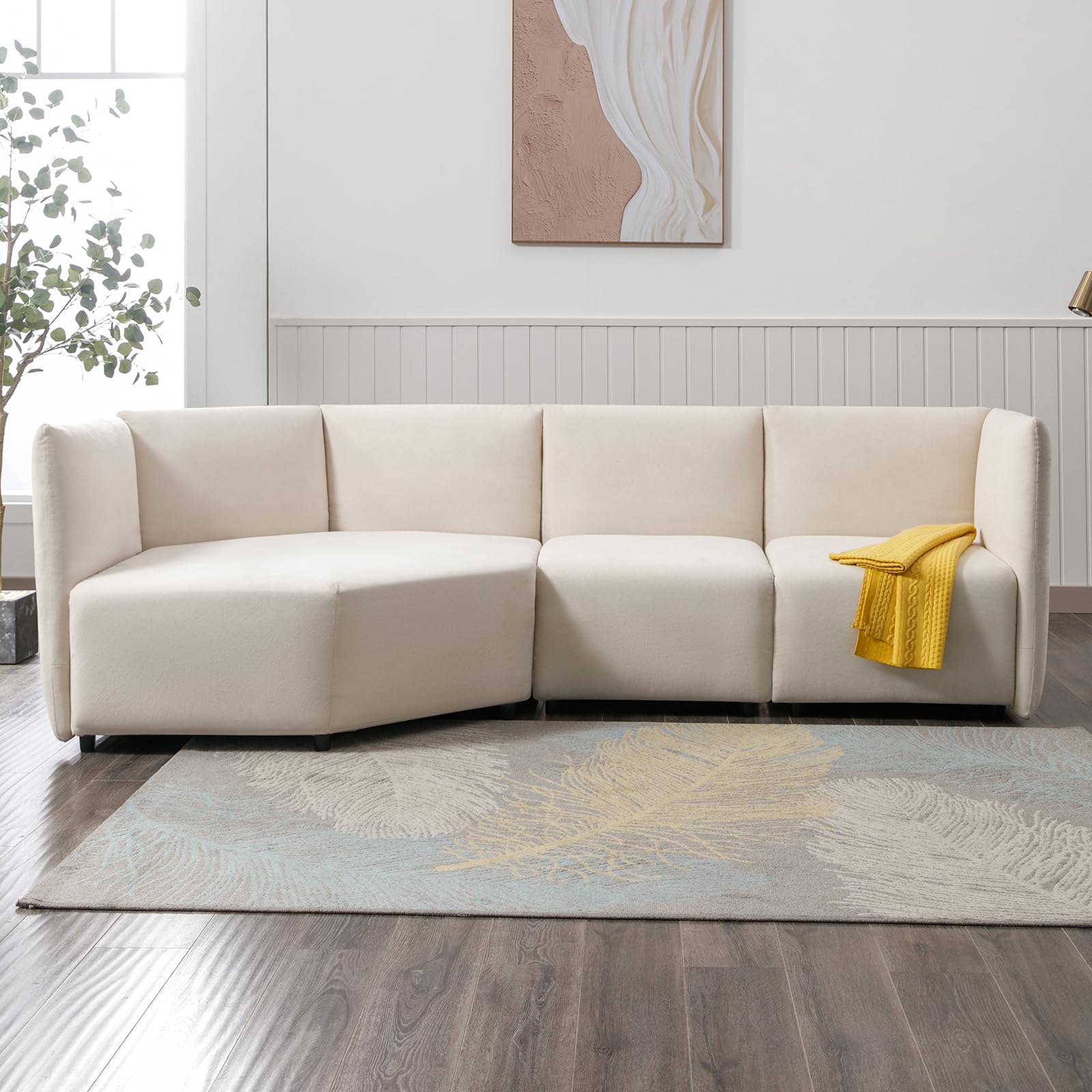 PUREMIND Velvet Curved Sectional Sofa for Livring Room,128" Large Modern Sectional Couch w Chaise,Modular Sofa w Adjustable Armrest and Backrest, Curved Sofa Couch for Living Room, Beige