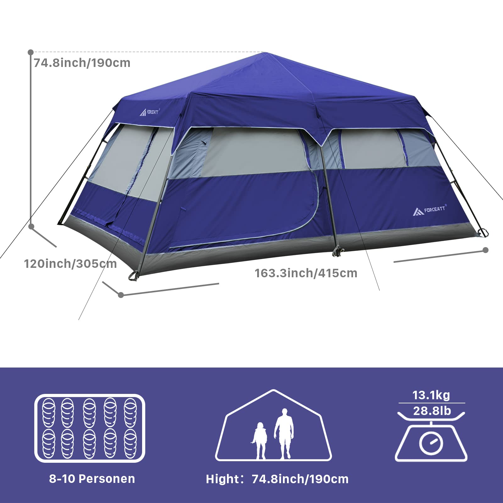 Forceatt Backpacking Tent, Lightweight 2 Person Tent with Double Doors, Waterproof & Portable Dome Camping Tent with Rainfly and Storage Bag Suitable for Travel, Hiking and Outdoors Activites