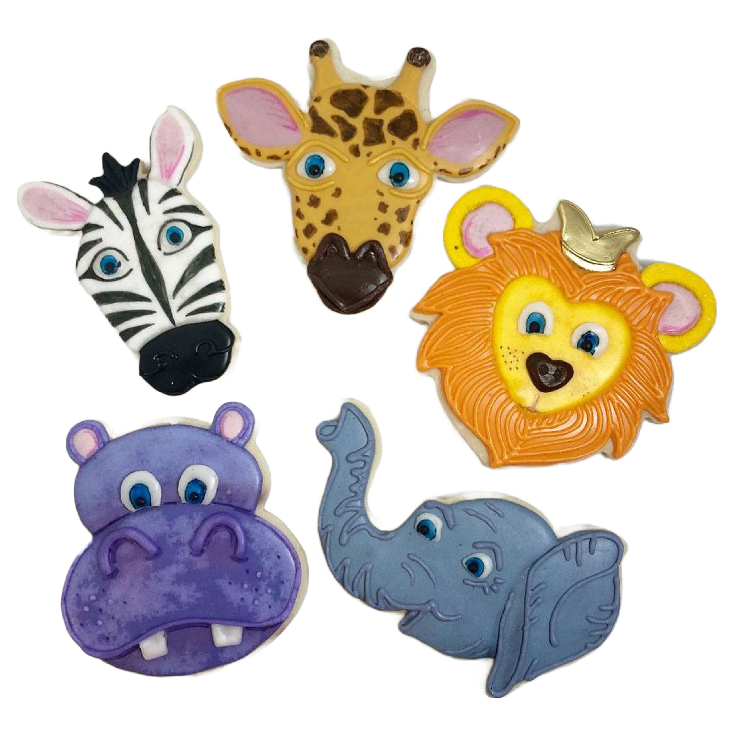 Foose Cookie Cutters 5 Piece Jungle Animal Faces Circus Elephant, Giraffe, Hippo, Lion, Zebra, USA