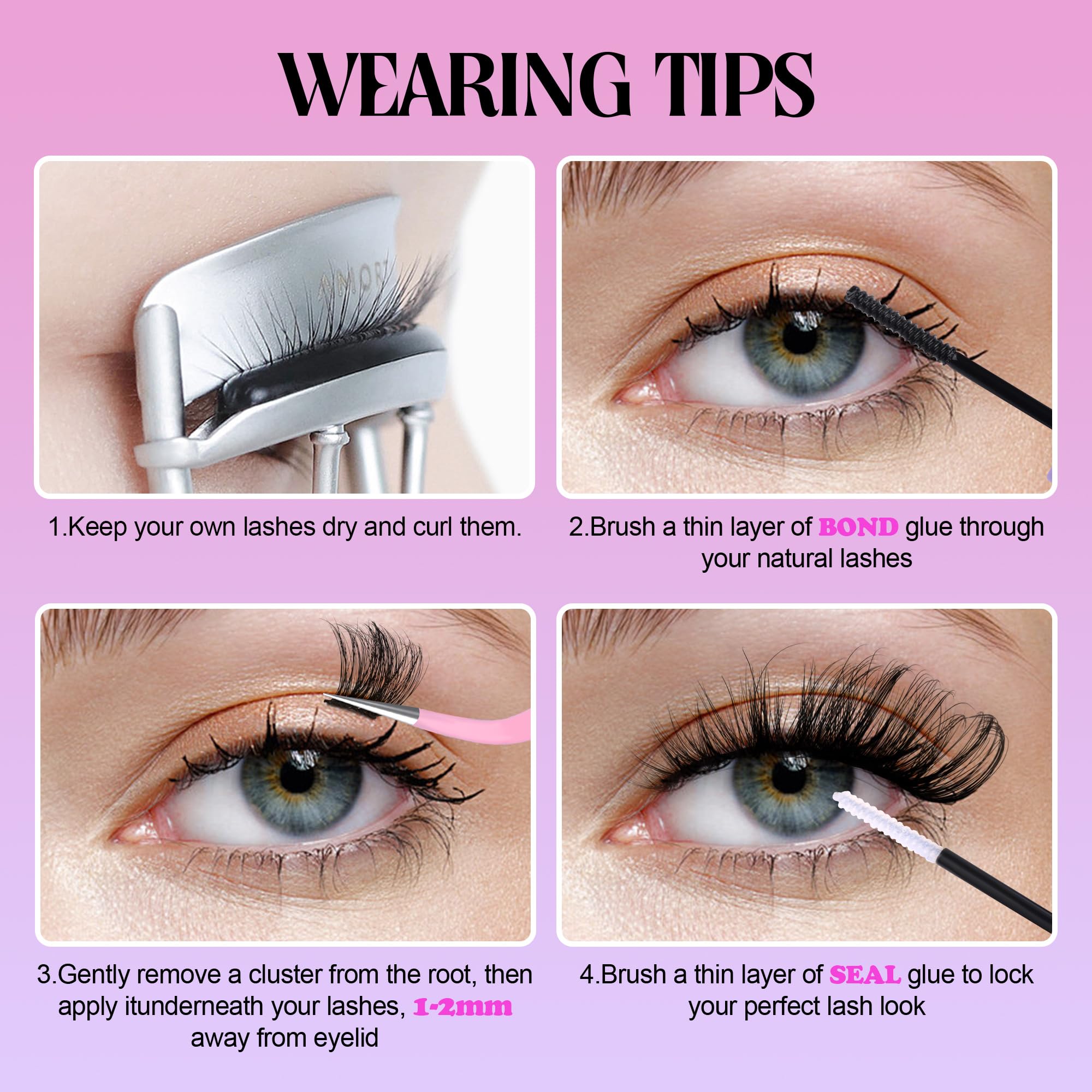 Eyelash Extension Kit 3 Styles Lash Clusters Kit Fluffy Wispy Cat Eye Cluster Lashes Extension Kit with Long Lasting Lash Bond and Seal and Lash Tweezers D Curl Individual Lashes by Vanssymunlin