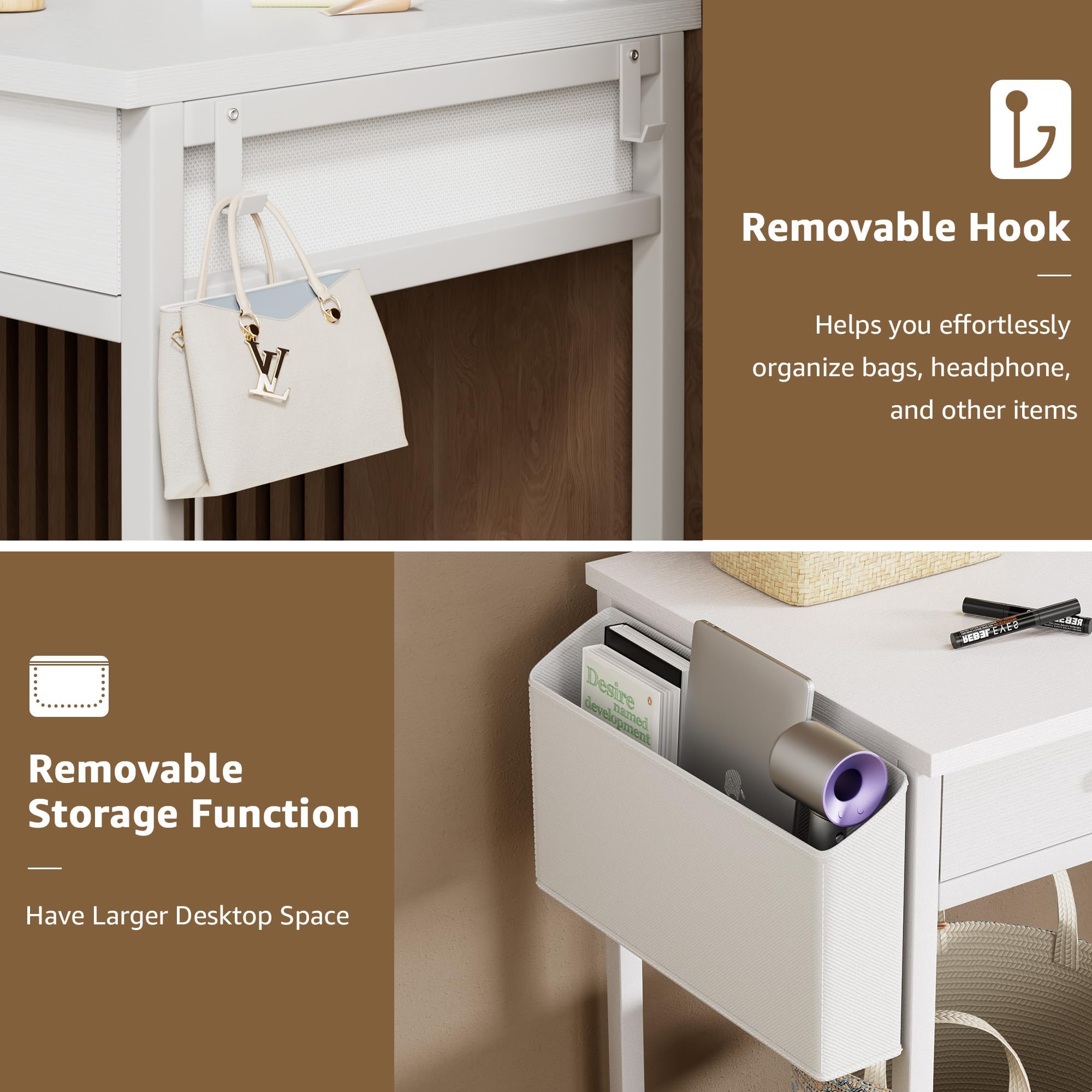 KAI-ROAD Makeup Vanity Desk with Mirror and Lights - Small White Vanity Table with Fabric Drawers & Chair, Power Outlet, Modern Make Up Vanitys Desks Set, Dressing Table for Girls Bedroom
