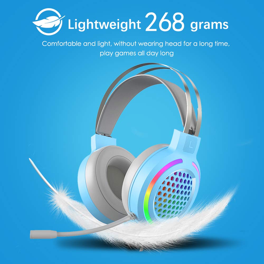 Gaming Headset,Rainbow LED Backlit, 3.5mm Stereo Surround with Microphone Compatible with Smart Phones, PC, PS4 and Other Gaming Devices, can Control Volume and Noise Reduction (Blue)