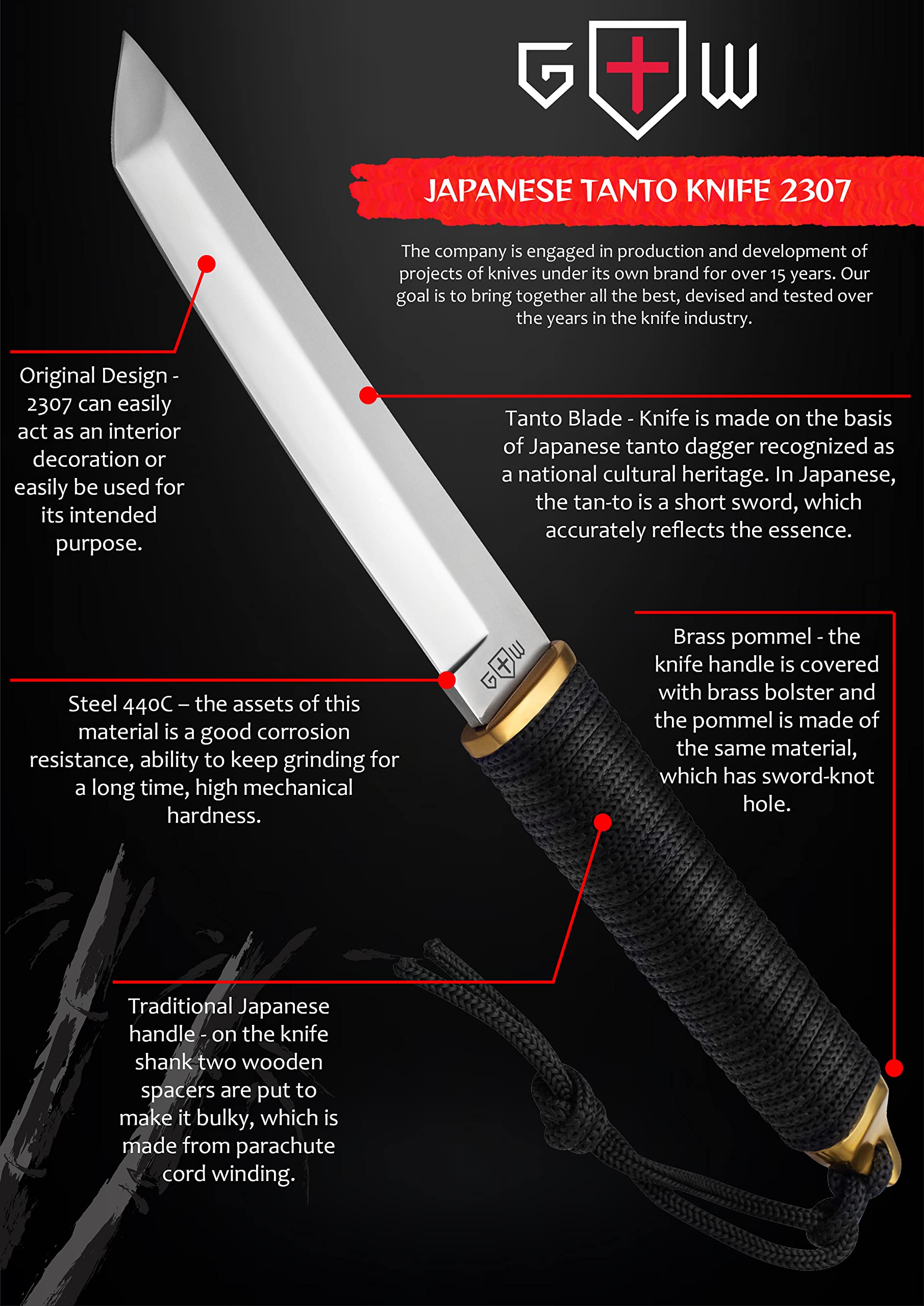 Grand Way Bundle of 2 Items - Japanese Fixed Blade Tanto Knife - 5,9" Polished Sharp Blade - Knives with Paracord Handle - Hiking Hunting Knofe - Sharp Blade Tool - Birthday Christmas Gifts for Men