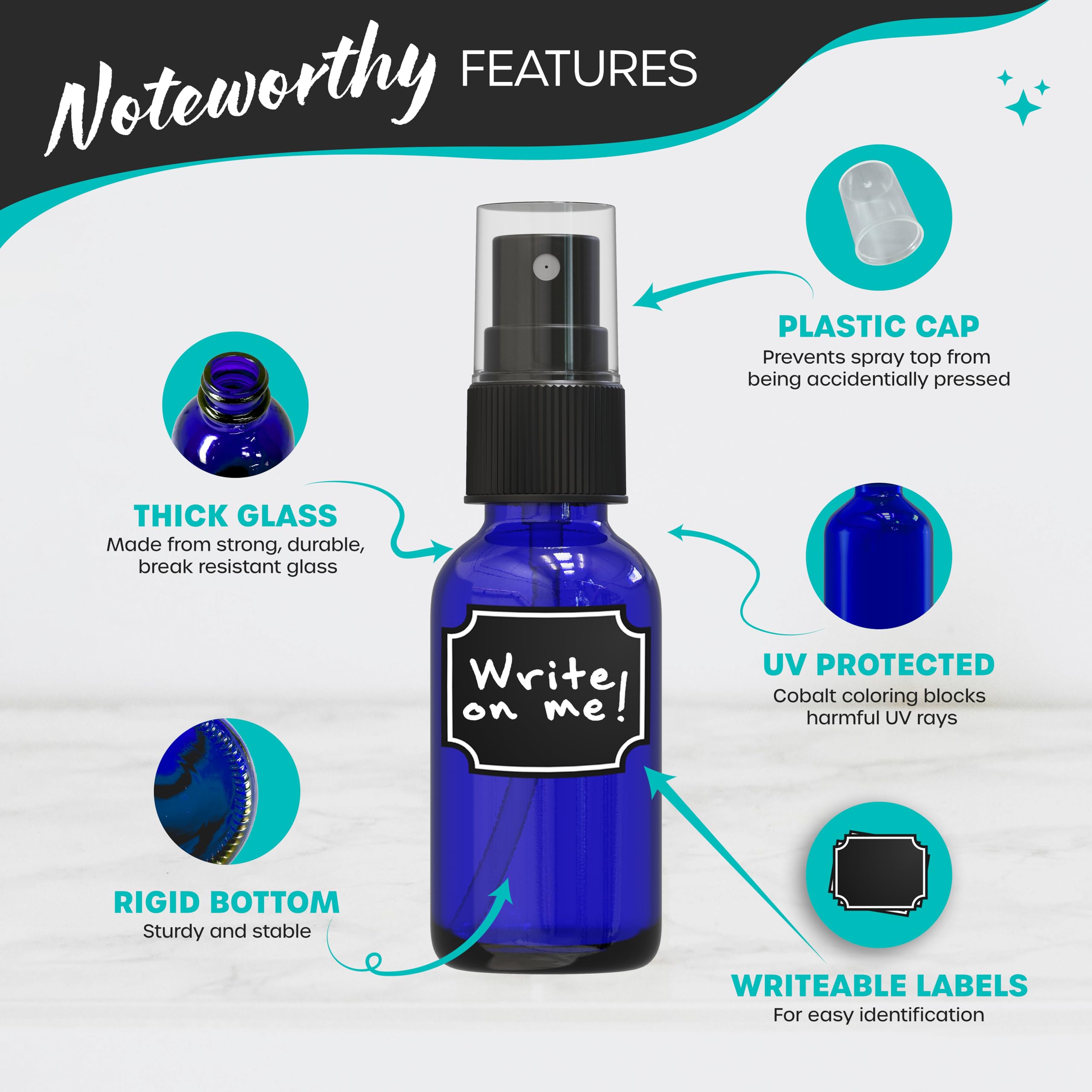Nevlers 48 Pack Blue 1 Oz Glass Spray Bottle | The Blue Misting Glass Bottles Includes Sprayers, a Funnel & Brush with Bonus Labels to Easily Identify its Contents