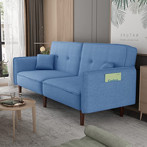 Lepfun Futon Sofa Bed with Two Pillows, 75Inches Modern Convertible Sleeper Couch with 3 Angles Adjustable Back and Solid Wood Leg for Living Room and Bedroom (Blue)