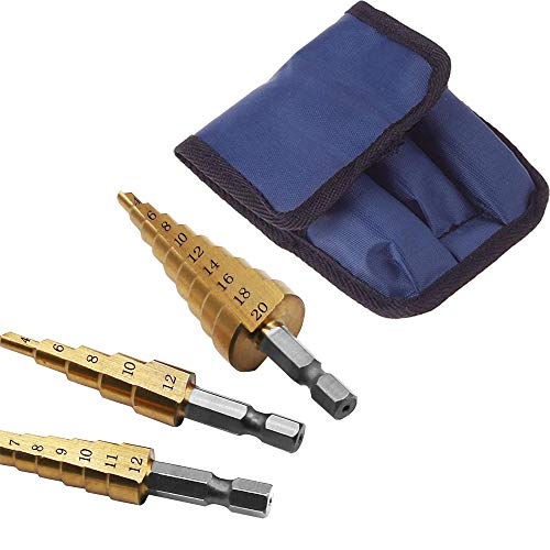 NACHEE 3Pcs Metric Titanium Coated Step Drill Bit Set, HSS Cone Drill Bit with 1/4" Hex Shank Drive Quick Change(3-12 mm 4-12 mm 4-20 mm)for DIY Woodworking, Plastic Wood