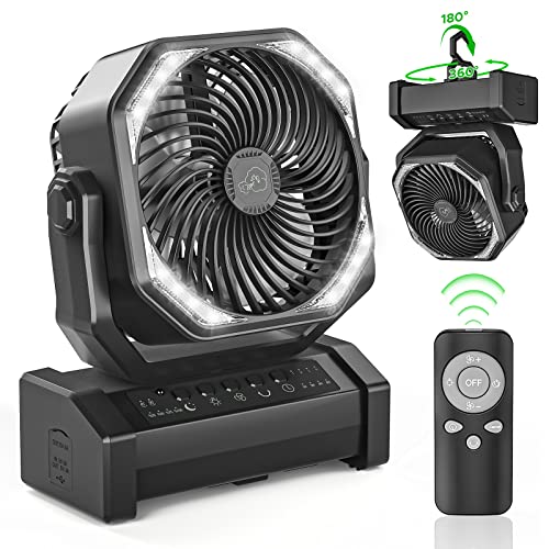 Rechargeable Camping Fan with LED Lantern, 20000mAh Auto-Oscillating Battery Operated Desk Fan with Remote&Hook, 8” Portable Fan for Picnic Fishing RV Jobsite Workshop Power Outages Hurricane