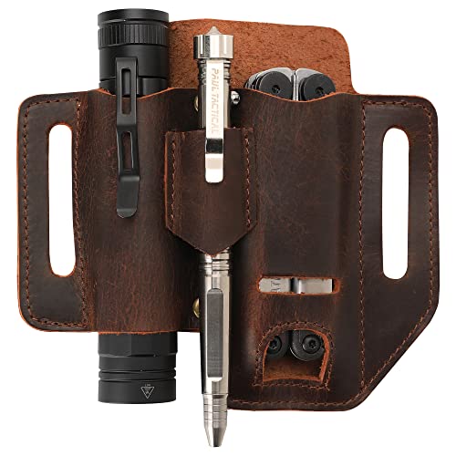 KEVANCHO Multitool Sheath for Belt, Leather Tool Pouch Belt Holster Bag, EDC Pouch Pocket Organizer Case for Knife, Flashlight, Tactical Pen, Camping and Outdoor, Valentines Day Gift for Him (Brown)