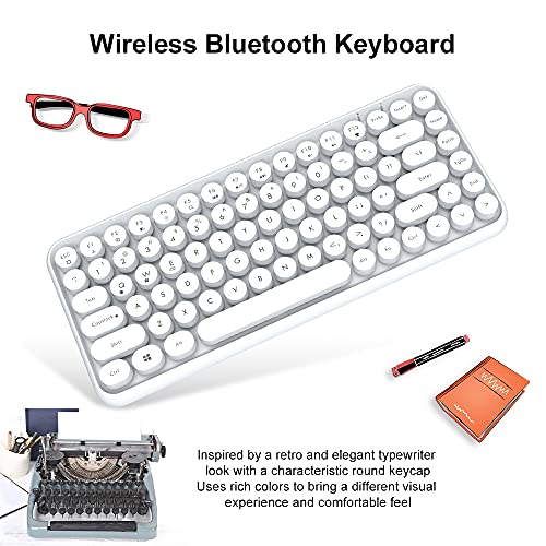 NACODEX 308I Wireless Bluetooth Keyboard, Compact 84 Keys Retro Round Keycaps Mini Keyboard, Portable Computer Keyboard with Quiet Chocolate Keys for Windows/iOS/Android (White)