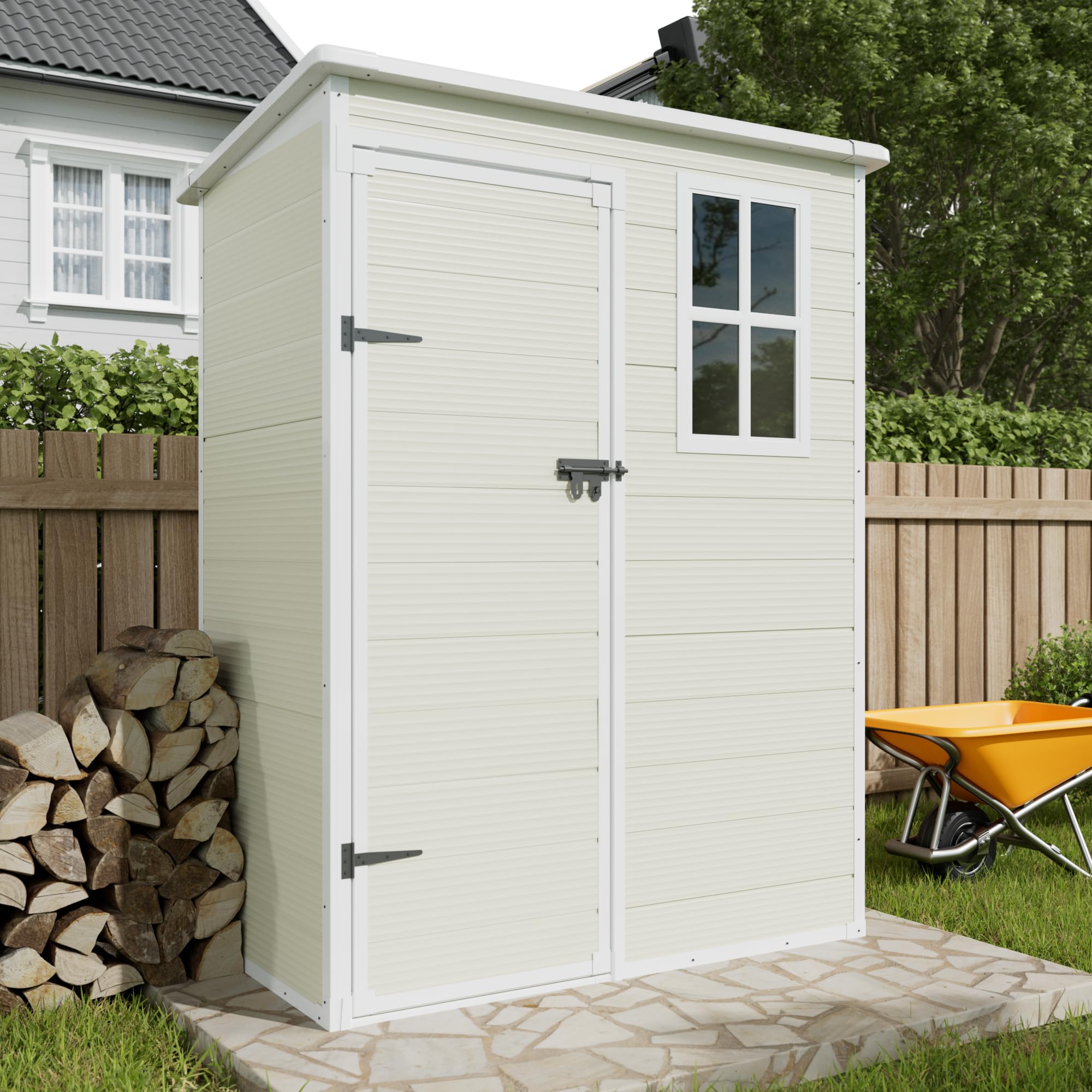 Poteban Outdoor Storage Shed, 5x3FT Resin Shed with Floor and Lockable Door for Bike, Garbage Cans,Garden Accessories, Sandstone