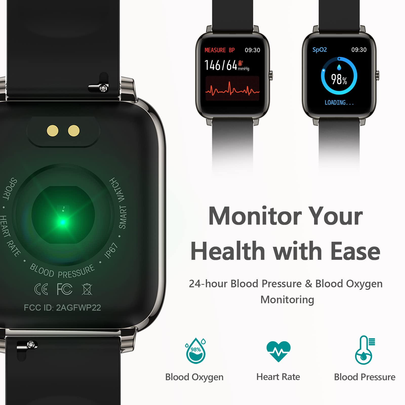 KALINCO Smart Watch, Fitness Tracker with Heart Rate Monitor, Blood Pressure, Blood Oxygen Tracking, 1.4 Inch Touch Screen Smartwatch with 3 Cables Compatible with Android iPhone iOS