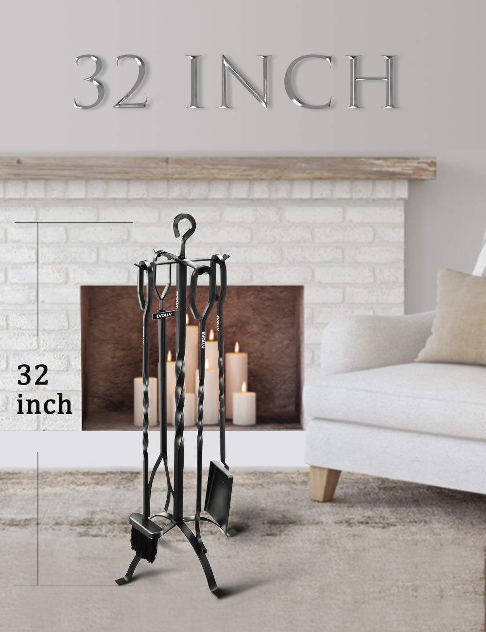 EVOLLY 5 Pieces Fireplace Tools Set 32Inch Heavy Duty Wrought Iron Fire Place Tool Set Fireplace Toolset for Fireplaces, Fire Pits, Hearth Accessories Including Tongs, Shovel, Stand, Poker & Broom