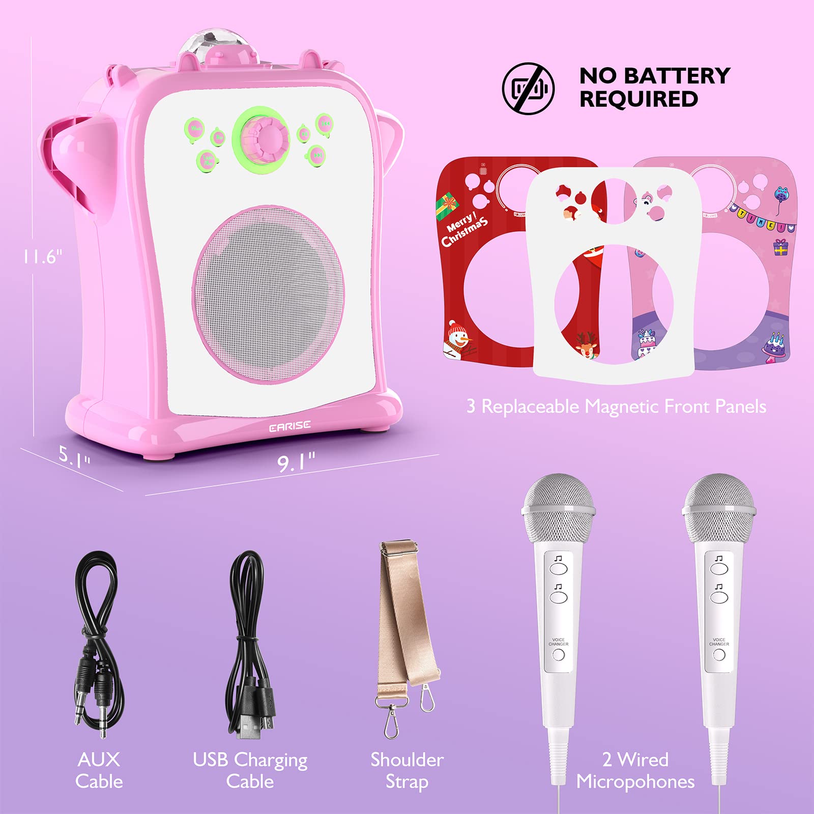 EARISE T29 Pro Karaoke Machine for Kids Girls with 2 Microphones, Singing Machine with 3 Interchangeable Theme Panels, LED Disco Lights, 12 EQ Effects, Birthday