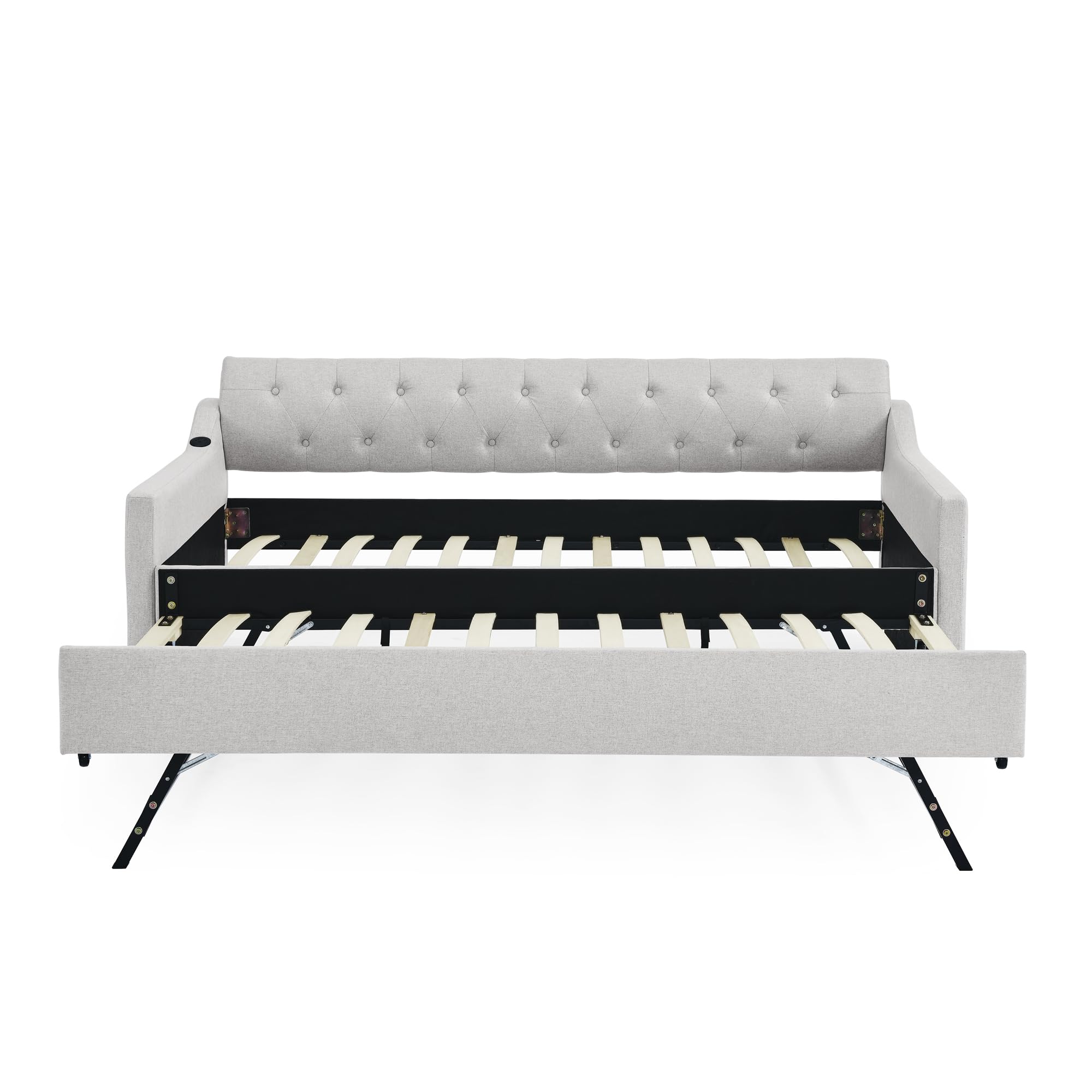 LUSPAZ Twin Size Upholstery Daybed with Trundle and USB Charging Design, Twin to King Design Mid-Century Extendable Sofa Bed, Easy Assembly, No Box Spring Required, for Living Room and Bedroom, Beige