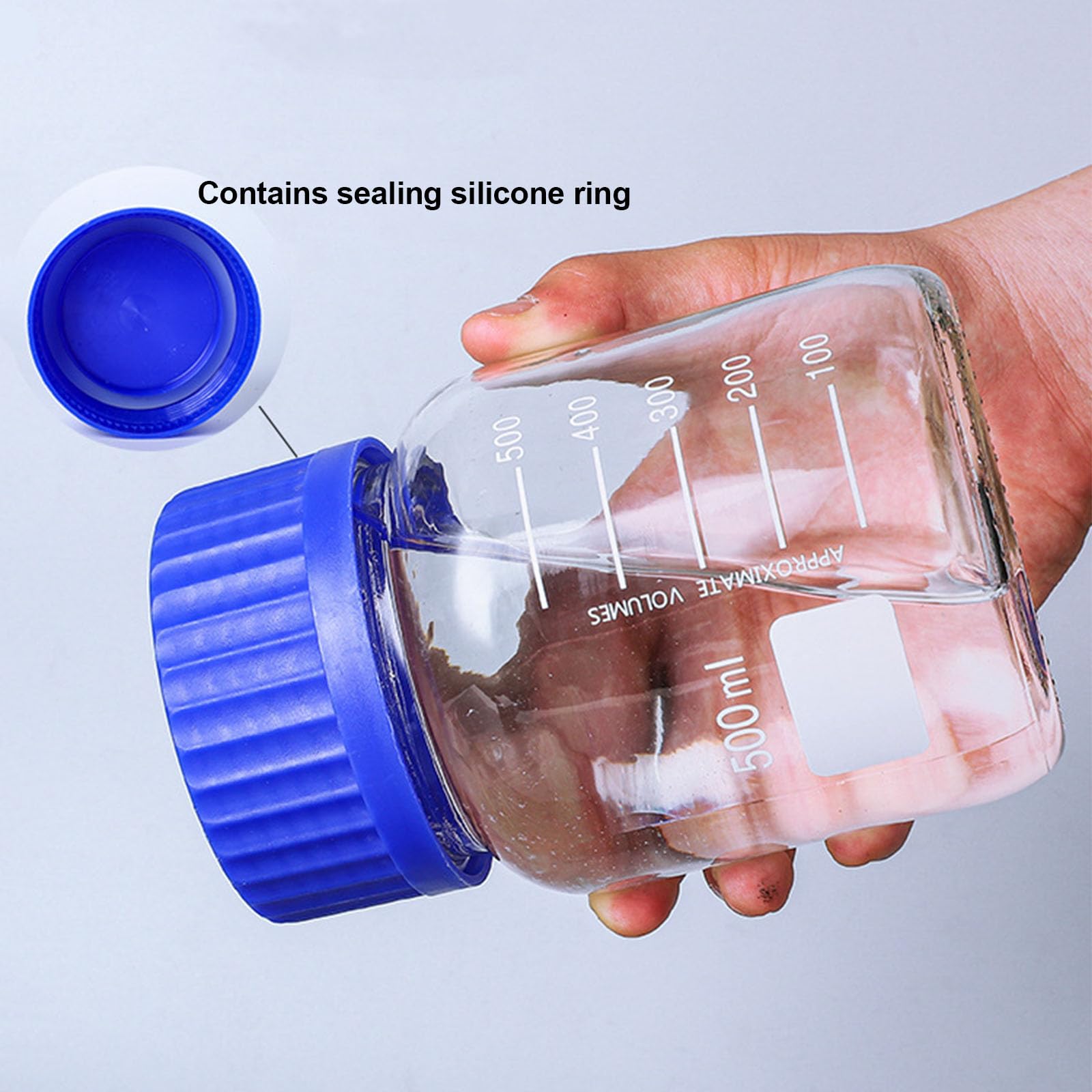 Paalee 6 Pack Graduated Round Reagent Bottle Set, Wide Mouth Borosilicate Glass Lab Media Storage with GL80 Blue Polypropylene Screw Caps, Leakproof and Autoclavable (250ml)