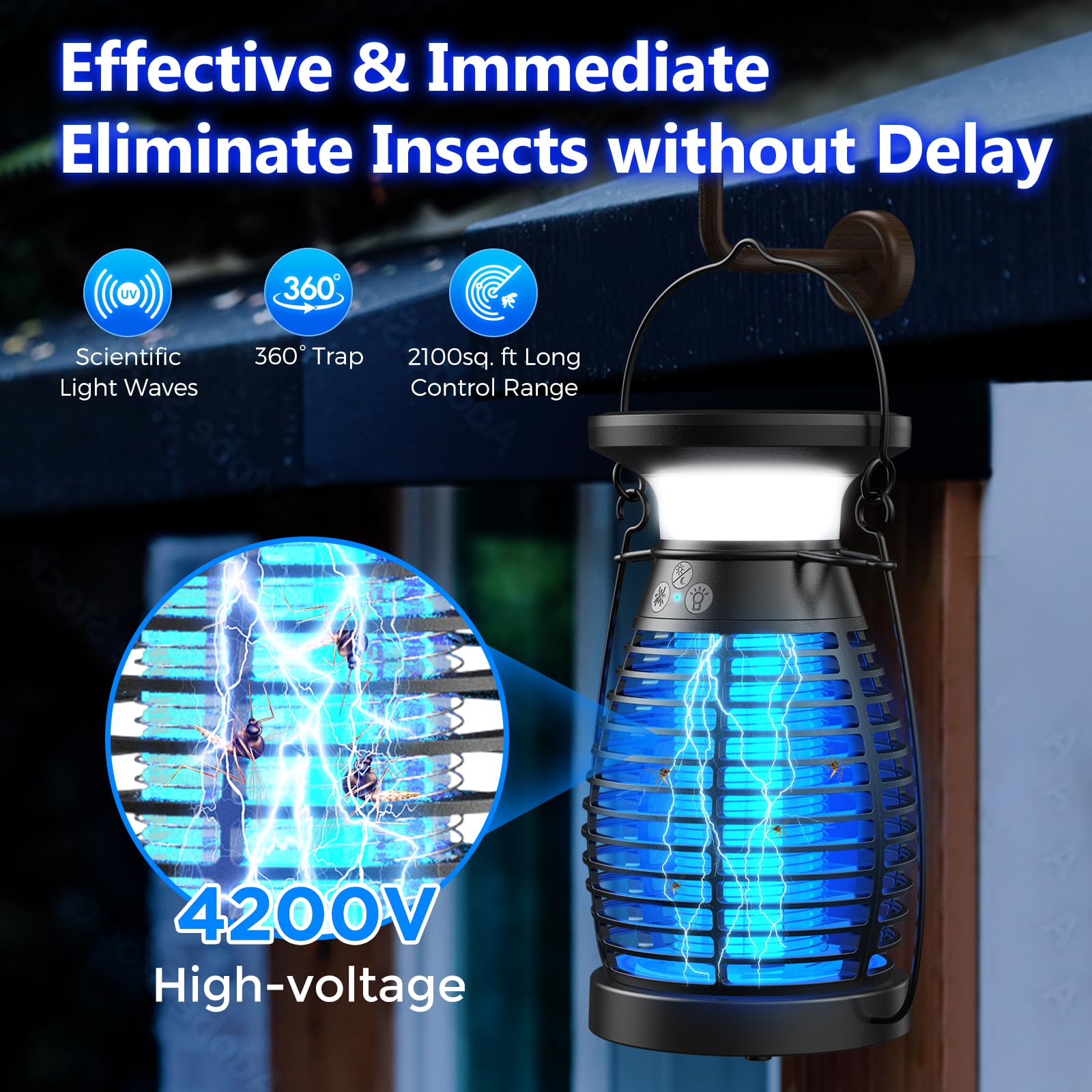 GTERT Solar Bug Zapper, 4200V Mosquito Zapper Outdoor, 4 in 1 Cordless Bug Zapper, Rechargeable Bug Zapper Outdoor Solar Powered with 4000mAh Battery, Portable Waterproof Fly Zapper for Patio