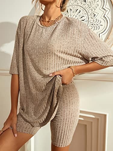 WDIRARA Women's 2 Piece Outfits Ribbed Short Sleeve Drop Shoulder Tee And Shorts Set Khaki M