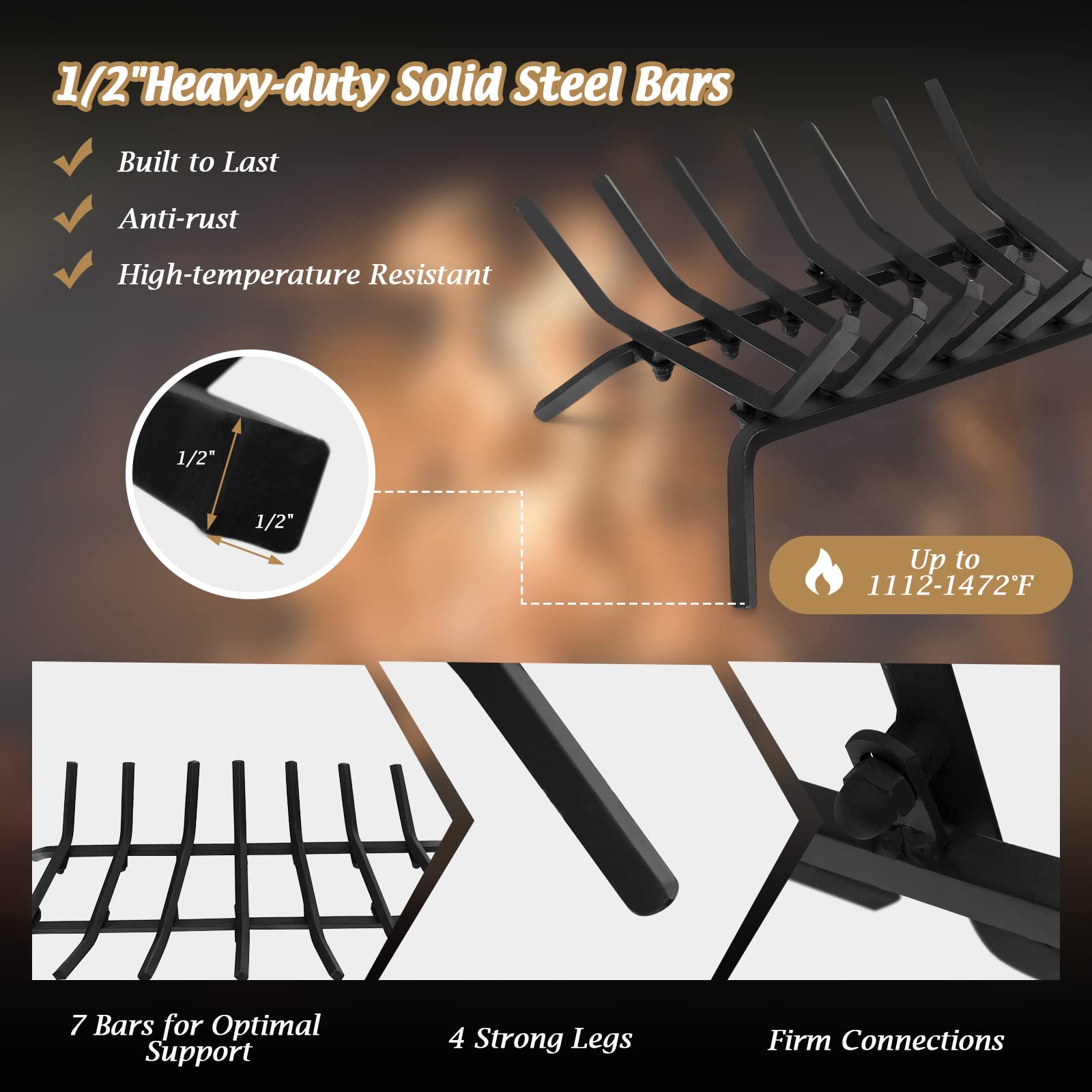HAPPYGRILL 18 Inch Fireplace Log Grate, Heavy-Duty Solid Steel, Black, Firewood Burning Rack, Indoor Outdoor Use