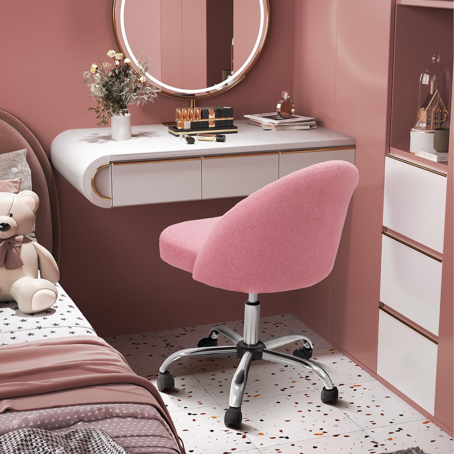 JUMMICO Home Office Desk Chair Vanity Chair Twill Upholstered Adjustable Mid-Back Armless Swivel Task Chair Modern Fabric Office Chairs with Wheels for Bedroom, Living Room, Make-up (Pink)