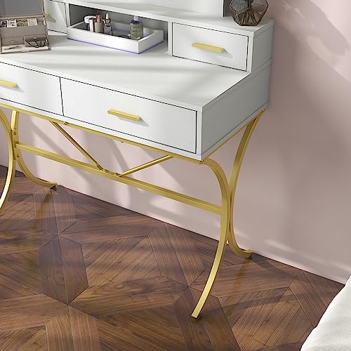 Vanity Table with Lighted Mirror, Modern Makeup Vanity Table with 10 Lights Makeup Desk 4 Drawer Storage Dressing Table for Bedroom (White)