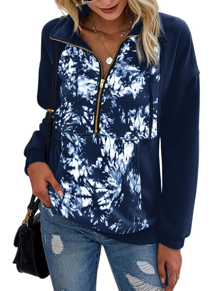GEMLON Womens Casual Long Sleeve Sweatshirts and Hoodies Half Zip Pullover Lapel Drawstring Loose Tops Navy Blue(L)