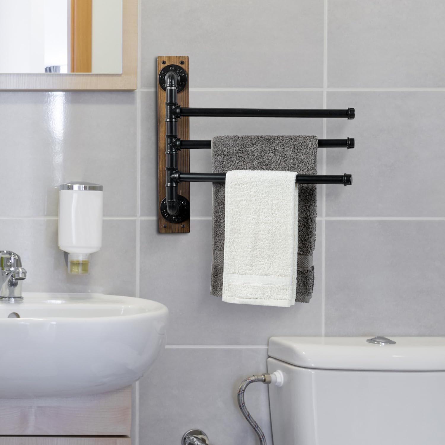MyGift 17.3 Inch Wall Mounted Bathroom Swivel Towel Rack on Rustic Burnt Solid Wood Board, 3 Tier Industrial Black Metal Pipe Bars with 180 Degree Swing for Towels