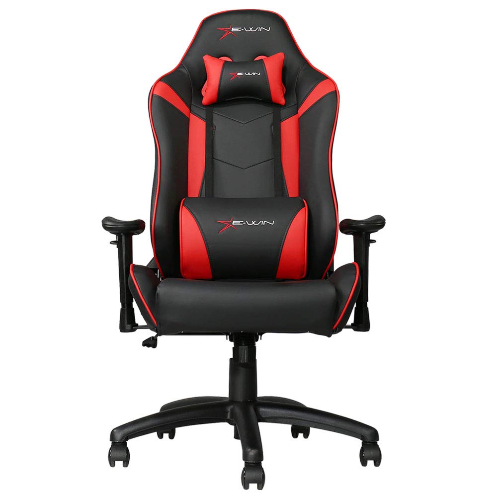 E-Win Knight Series Ergonomic Computer PC Gaming Home Office PVC Leather Tall Back Desk Chair with Pillows, Black and Red