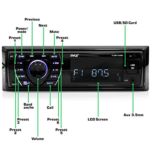 Pyle Marine Head Unit Receiver Speaker Kit - In-Dash LCD Digital Stereo Built-in Bluetooth & Microphone w/ AM FM Radio System 6.5ββ Waterproof Speakers (4) MP3/SD Readers & Remote Control -PLMRKT48BK