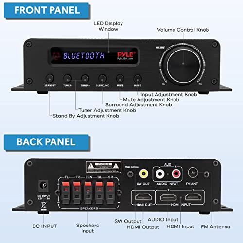 Pyle Wireless Bluetooth Home Audio Amplifier - 100W 5 Channel Home Theater Power Stereo Receiver, Surround Sound w/ HDMI, AUX, FM Antenna, Subwoofer Speaker Input, 12V Adapter - PFA540BT