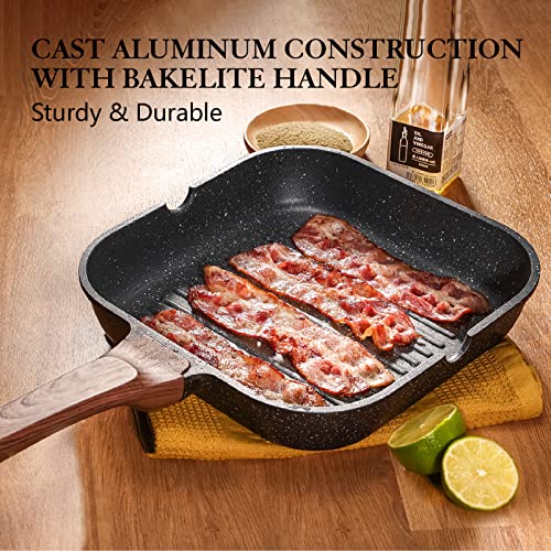 SENSARTE Nonstick Grill Pan for Stove Tops, Versatile Griddle Pan with Pour Spouts, Square Grill Pan for Big Cooking Surface, Durable Grill Skillet for Indoor & Outdoor Grilling. PFOA Free, 9.5 Inch