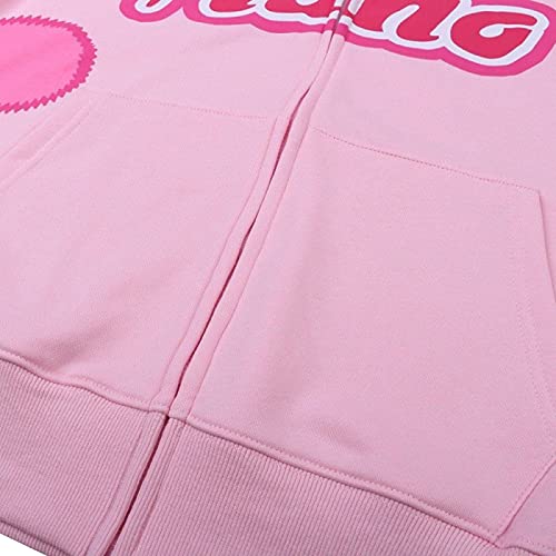 NUFIWI Women Graphic Printed Oversized Y2K Sweatshirt Zip Up Long Sleeve Hoodies Aesthetic Jacket Streetwear with Pockets (Pink, L