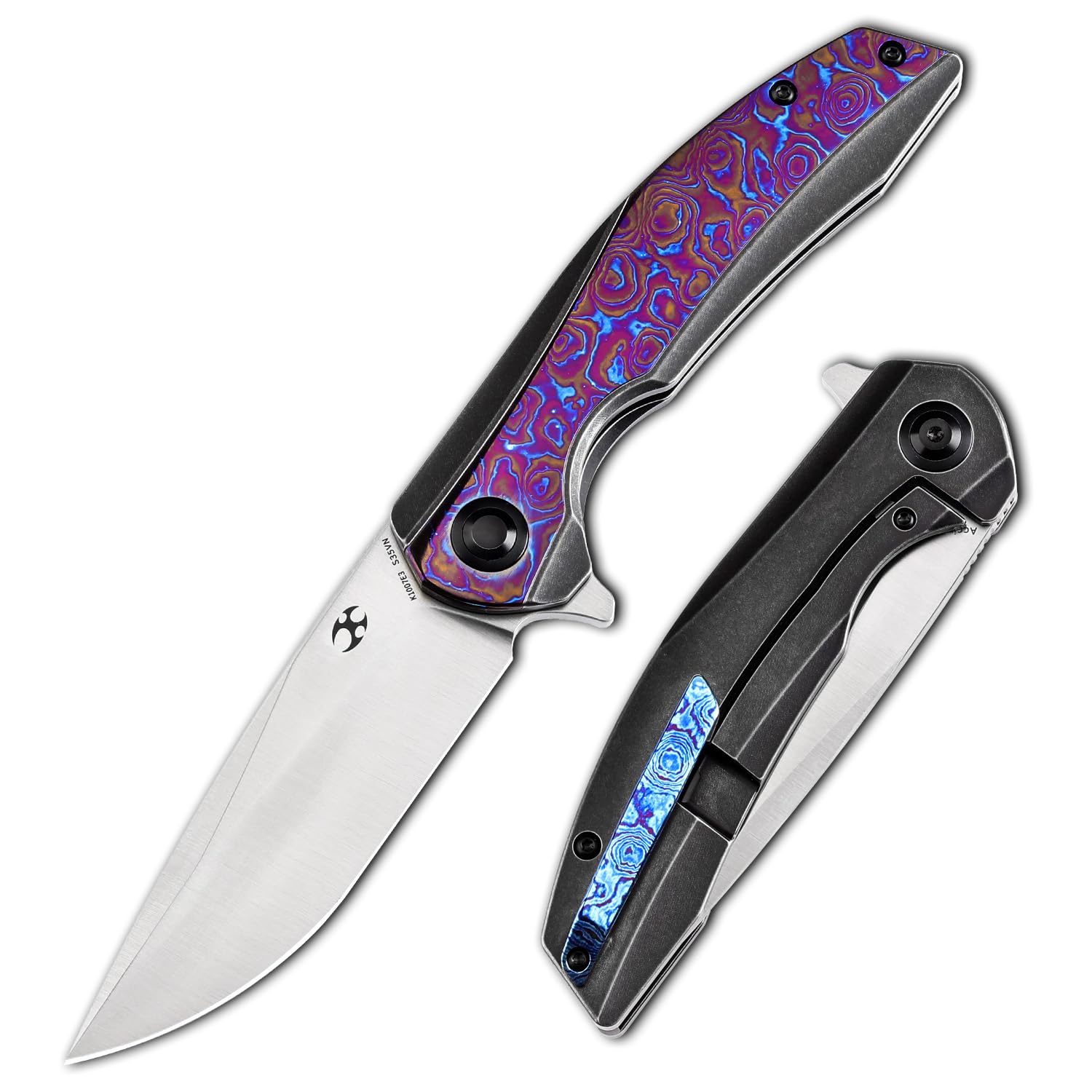 KANSEPT Accipiter Pocket Folding Knives EDC Camping Folding Knife 3.36'' Satin CPM S35VN Blade Pocket Folding Knife with Black Anodized Titanium + Timascus Handle Everyday Carry K1007E3
