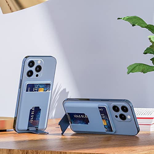 pzoz Magnetic Card Holder Wallet with MagSafe Kickstand, Silicone Pockets Card Holder with Metal Stand for iPhone 15, 14, 13, 12, Pro, Mini, Max, Plus (Blue)