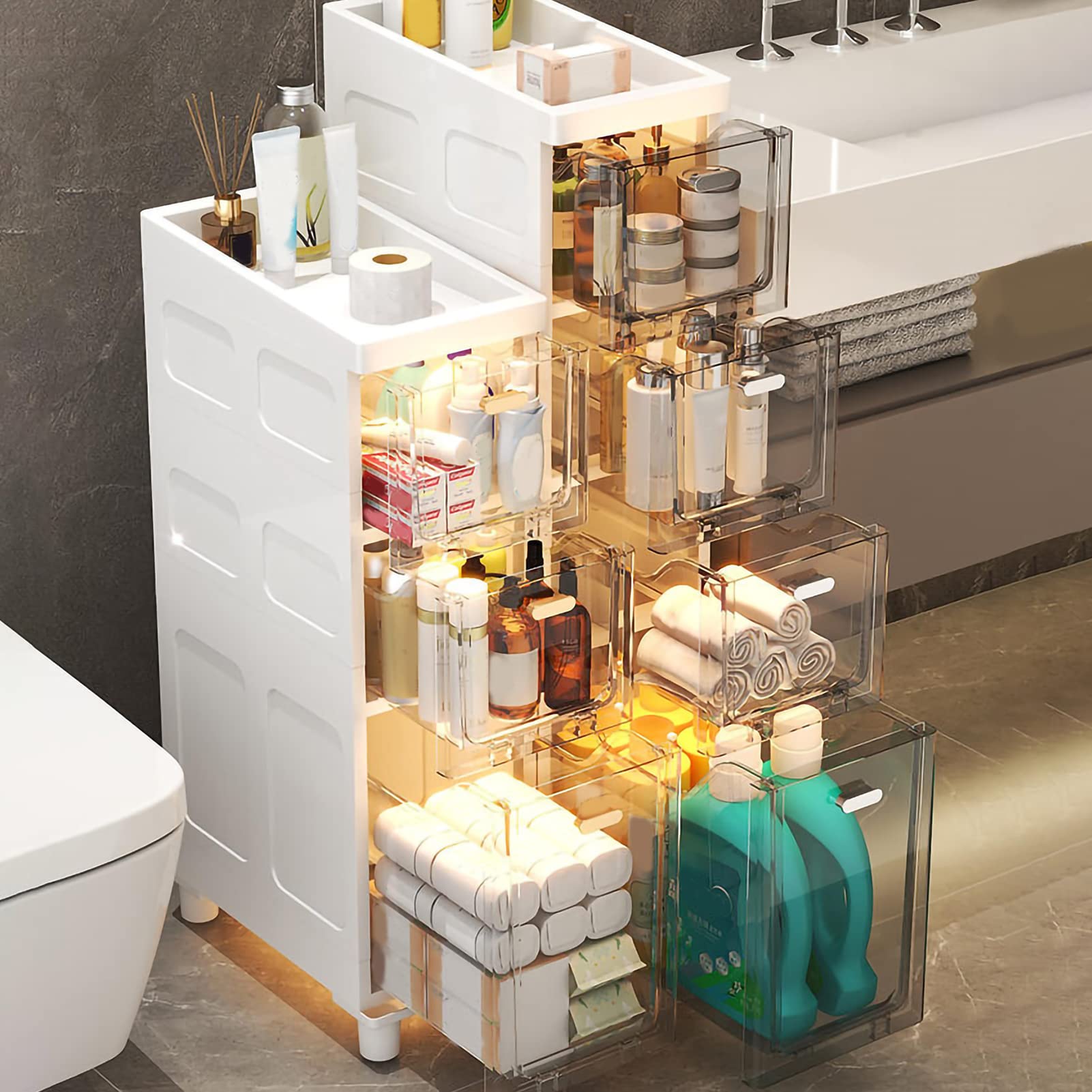 JUNGEDUI Slim Bathroom Cabinet Storage, Large Capacity Slim Storage Cabinet with Clear Plastic Drawers Casters Narrow Tall Slim Floor Cabinet for Small Spaces,7''W and 9''W