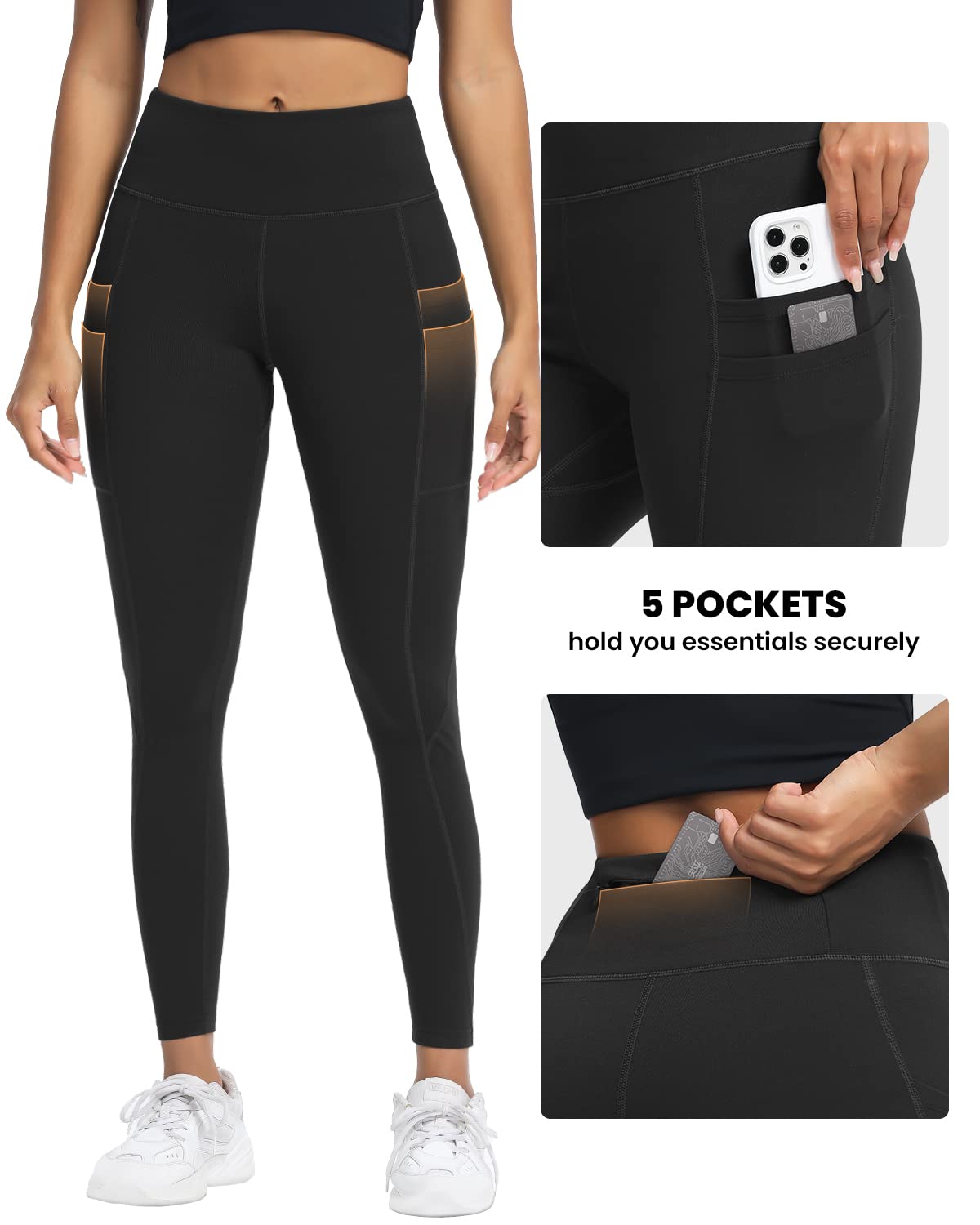 GYM RAINBOW Women's Fleece Lined Leggings Water Resistant High Waisted Thick Thermal Tights Winter Hiking Pants with Pockets(#1 Black,Medium)