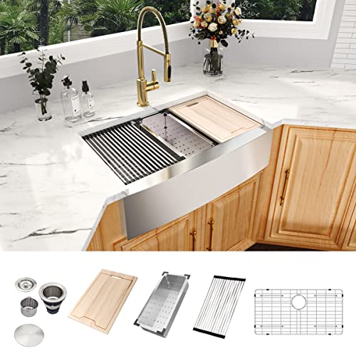 Kichae 30 Inch Farmhouse Sink Stainless Steel, Apron Front Farm Sink for Kitchen, Undermount Workstation Sink with Integrated Ledge, 30x22 Deep Single Bowl Kitchen Sink with Accessories