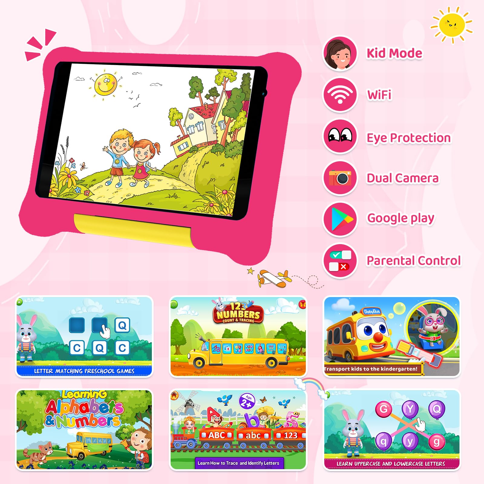 Freeski Kid Tablet 7-Inch Android 12 Kids Tablet, 2G RAM 32G ROM, Quad Core Processor, Kidoz Preinstalled, Parental Control- Educational and Entertaining Tablet for Children (Pink)