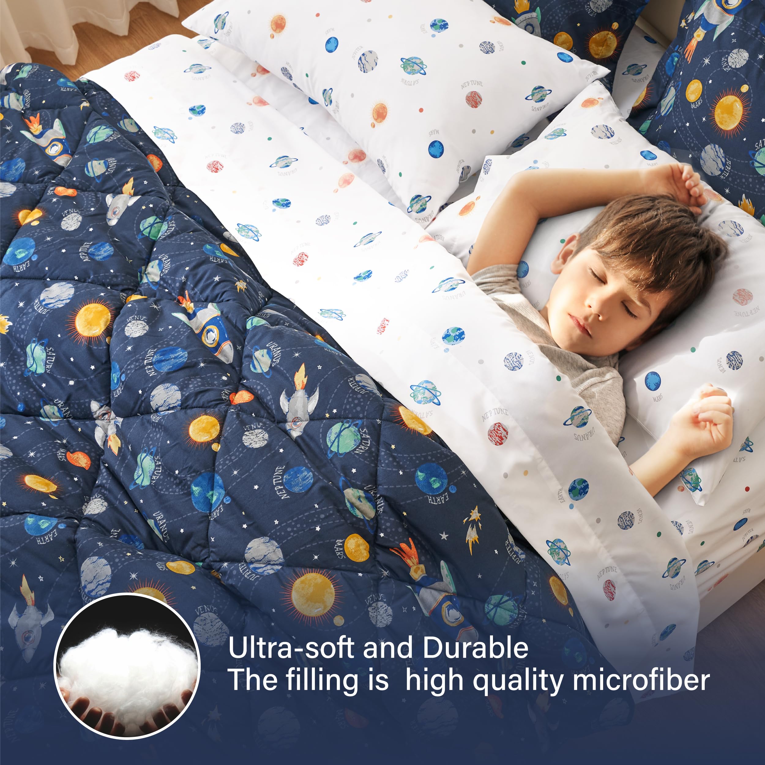 PPOLCA Twin Size Space Kids Bedding Set for Girls, 5 Pieces Super Soft Lightweight Microfiber Comforter Set with Sheets, Space Bedding Twin, Bed in a Bag, Durable Children Bed Set