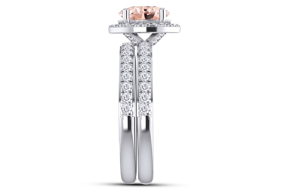 GEMVIO Collection 8X6MM Oval Cut Natural Morganite Gemstone & Natural Diamond Halo Bridal Set Engagement Ring In 14K White Gold Over Sterling Silver Anniversary Wedding Ring (1.40 Cttw)-7
