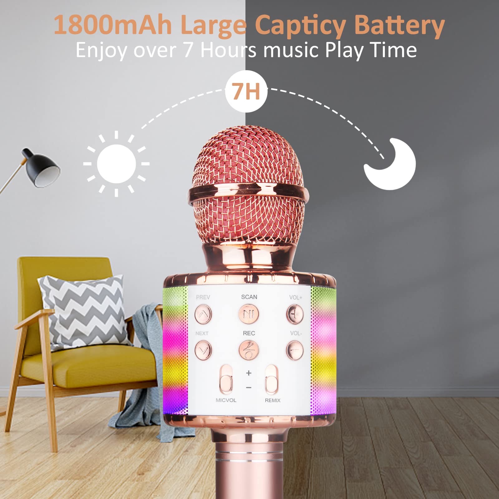 Karaoke Microphone for Kids, Bluetooth Karaoke Microphone Handheld Wireless Karaoke Machine with LED Lights, Portable Kids Microphone Birthday for Girls Boys